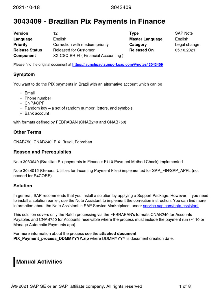 SAPNOTE 3043409 - Brazilian Pix Payments in Finance | PDF | Computing | Software