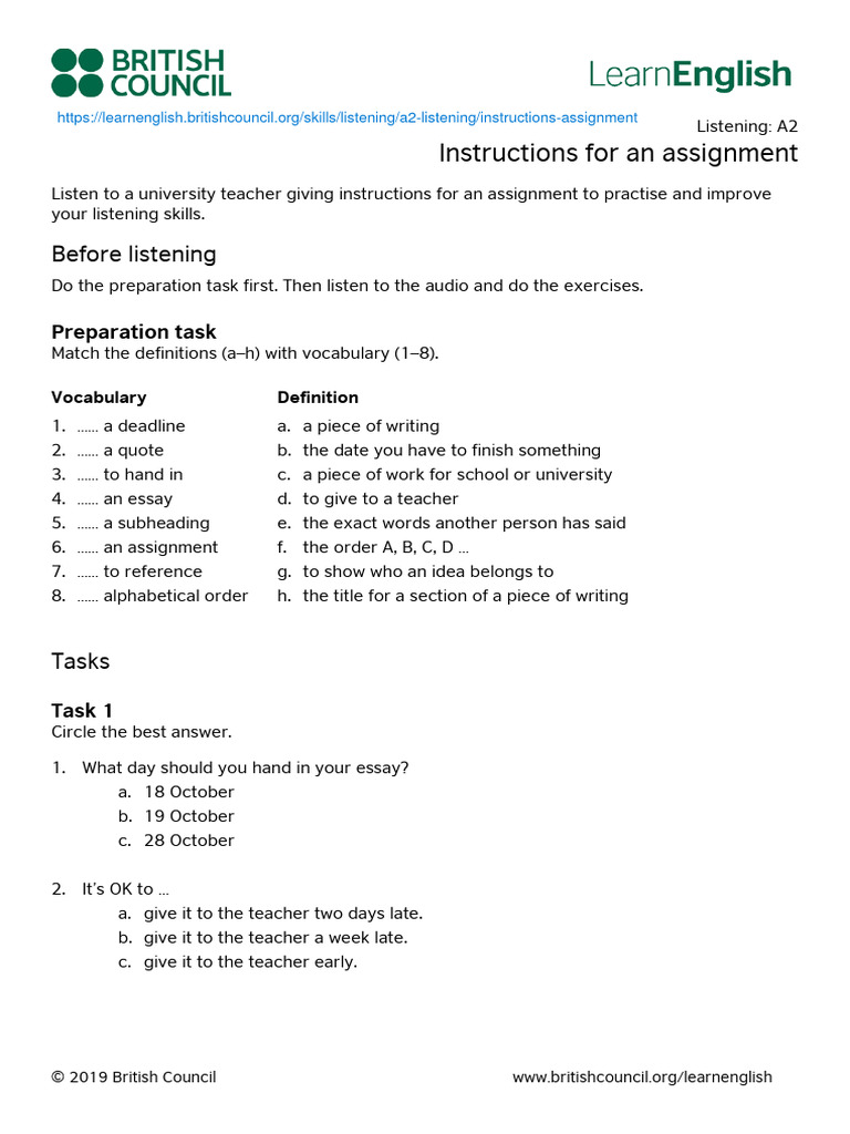 LearnEnglish Listening A2 Instructions For An Assignment | PDF ...