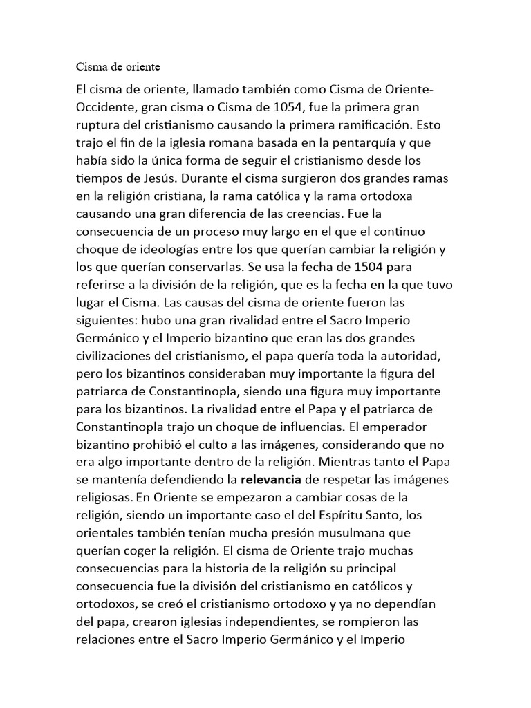 Cisma de Oriente | PDF | imperio Bizantino | Iglesia ortodoxa oriental