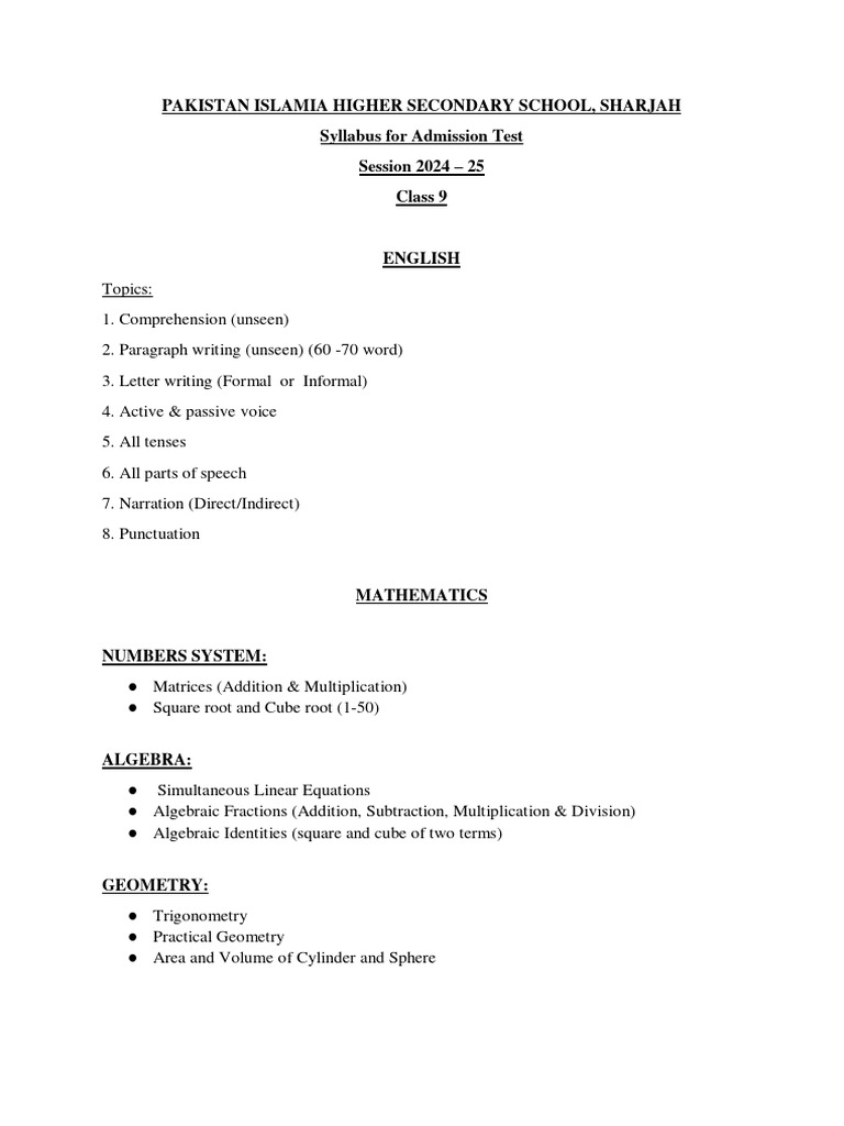 Syllabus For AdmissionClass 9 1 | PDF