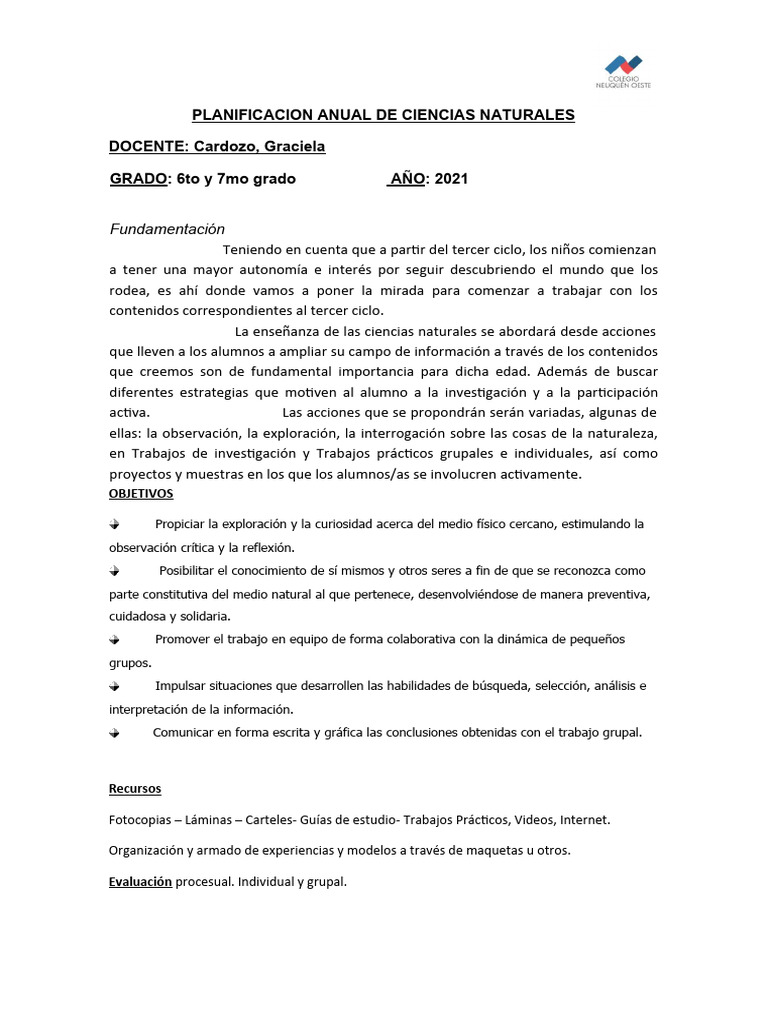 Planif Anual de CS Natur 6 y 7mo 2021 | PDF | Nutrición | Dieta y nutrición