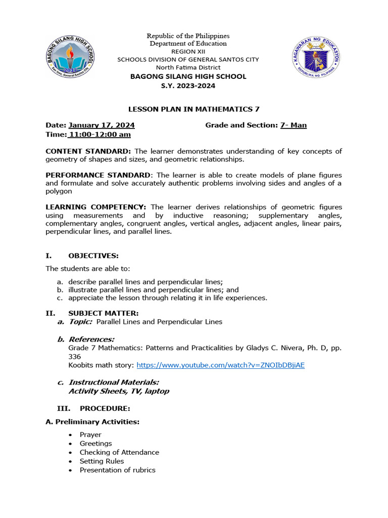 Detailed Lesson Plan-Parallel & Perpendecular Lines | PDF | Geometry ...