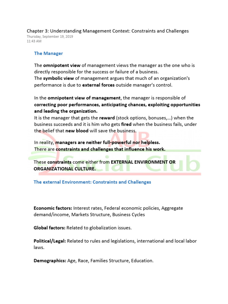 Chapter 3 Understanding Management Context Constraints and Challenges | PDF | Organizational ...