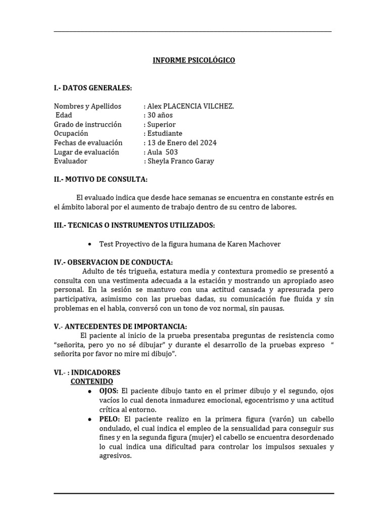 Informe Psicológico Machover SHEYLA FRANCO GARAY | PDF | Ciencias del comportamiento | Conceptos ...