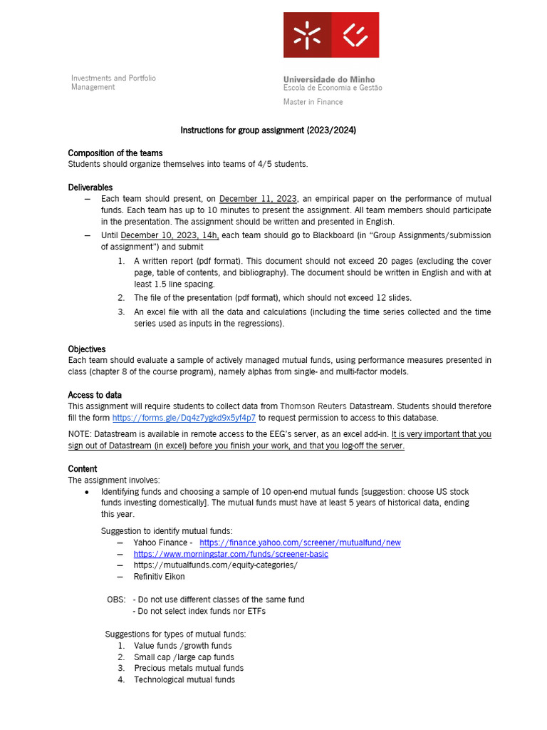 IPM Instructions For Group Assignment 2023 - 24 | PDF | Stock Market Index | Mutual Funds