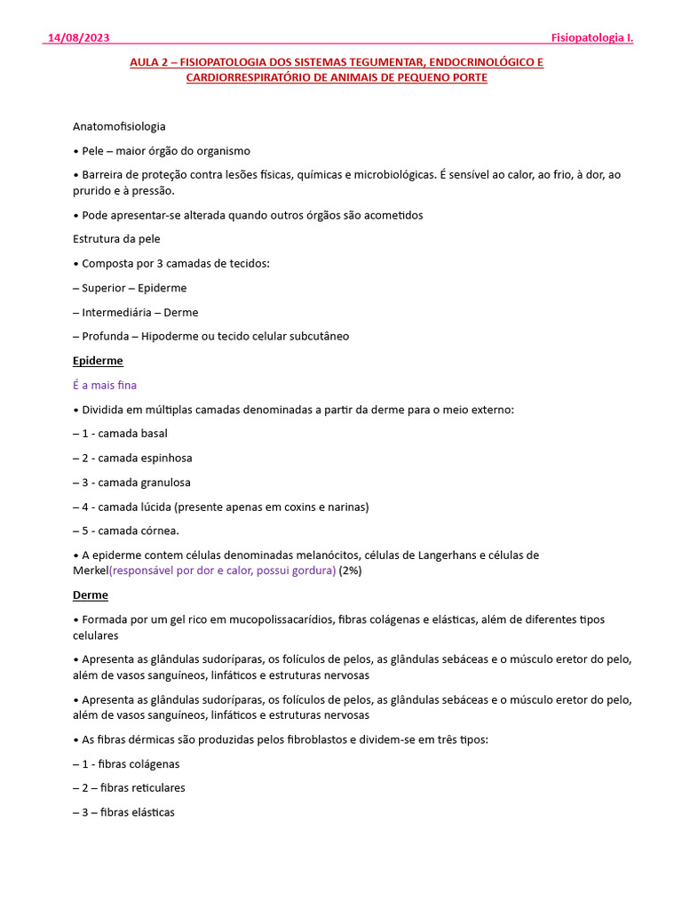 RM - AULA 2 - Fisiopatologia Do Sistema Tegumentar - 14.08 | PDF | Pele | Medicina Clínica