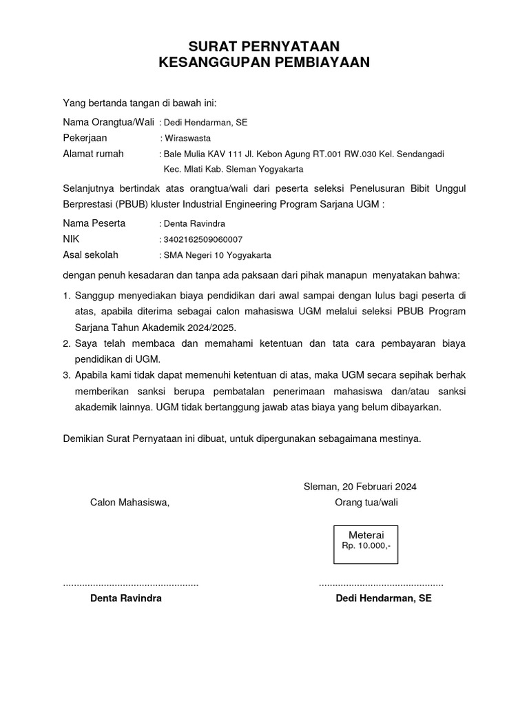Surat Pernyataan Pembiayaan PBUB UGM | PDF
