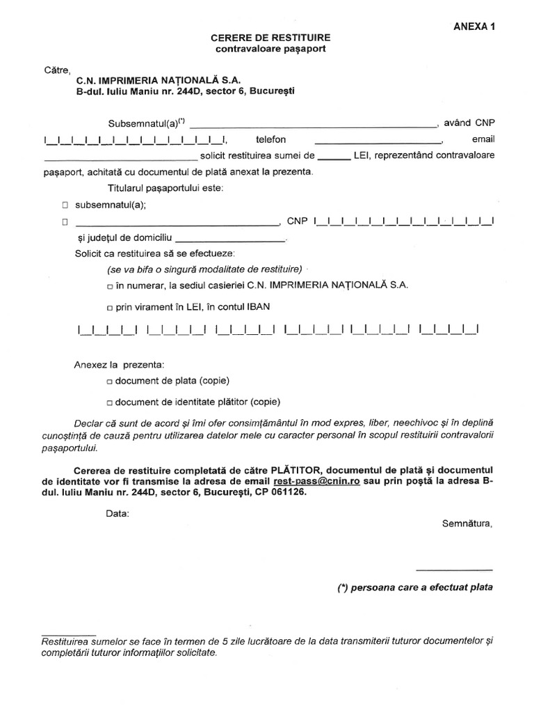 Cerere Restituire Contravaloare Pasaport | PDF