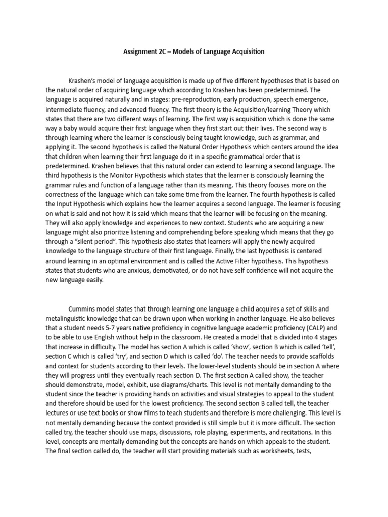Assignment 2C Language Acquisition Models Reflection Nadean Khedr | PDF ...