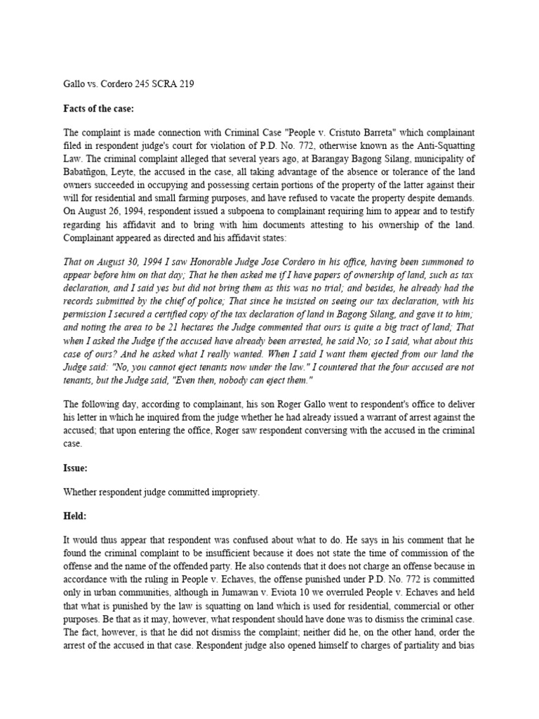 Gallo vs. Cordero: Judge's Impropriety Case | PDF | Complaint | Arrest