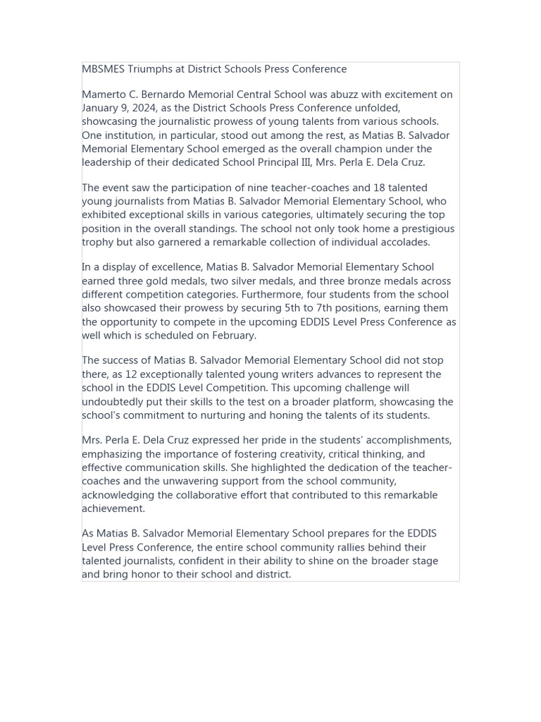 MBSMES Triumphs at District Schools Press Conferen | PDF