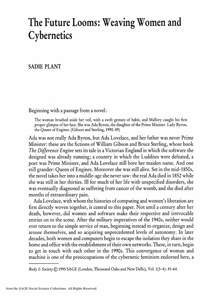 Sadie Plant The Future Looms Weaving Women and Cybernetics 1 | PDF