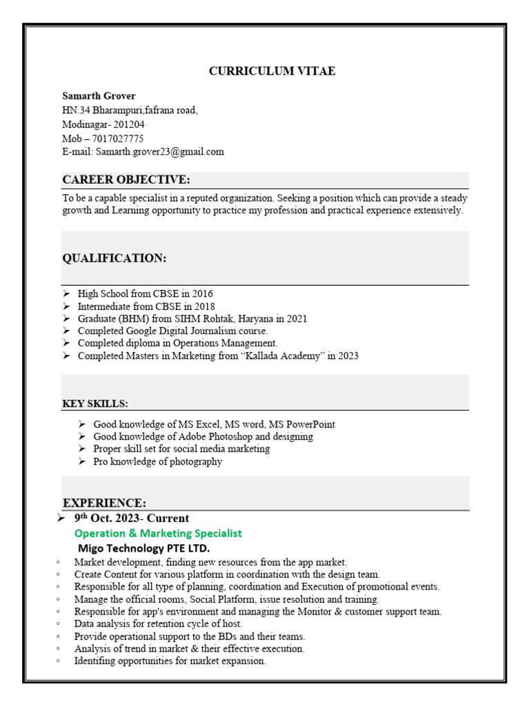Samarth Grover Resume | Download Free PDF | Social Media | Popular Culture & Media Studies