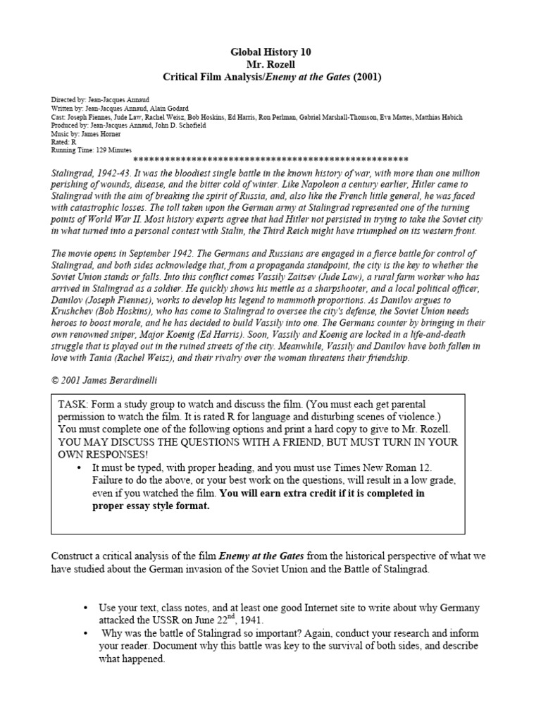 Grade 10-Critical Film Analysis-Enemy at The Gates 2006 | PDF