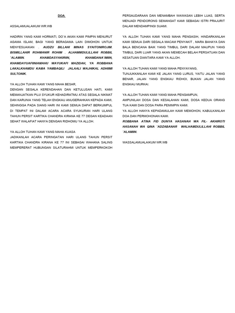 Doa Hut Persit 77 | PDF