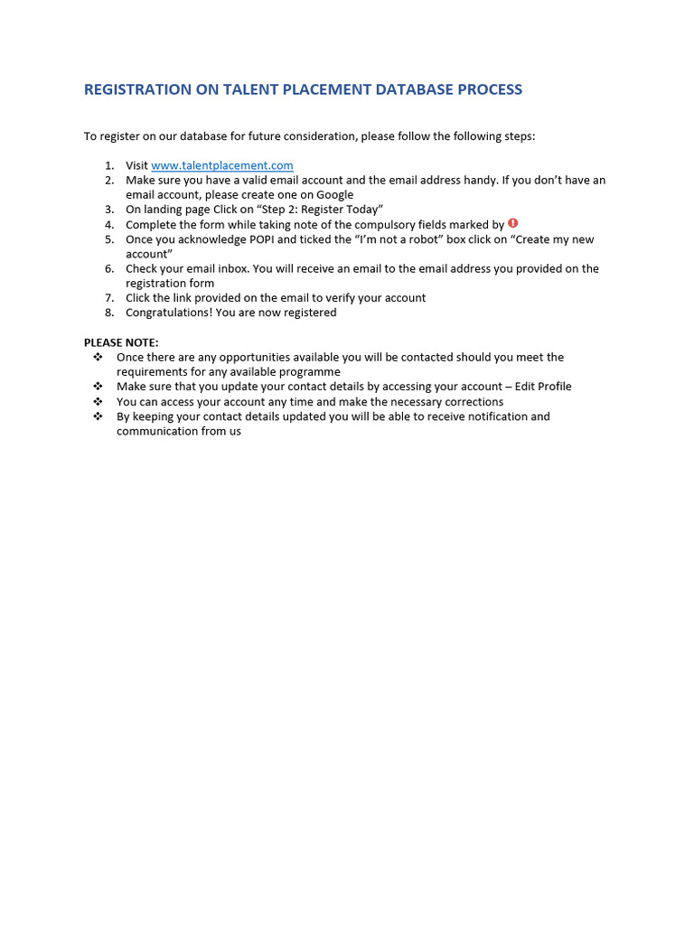 Talent Placement Registration Guide | PDF