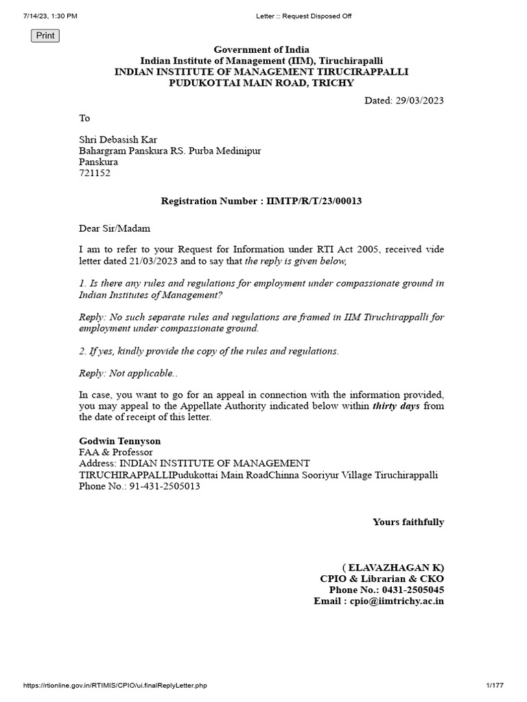 IIM Tiruchirappalli RTI Responses | PDF | Justice | Crime & Violence