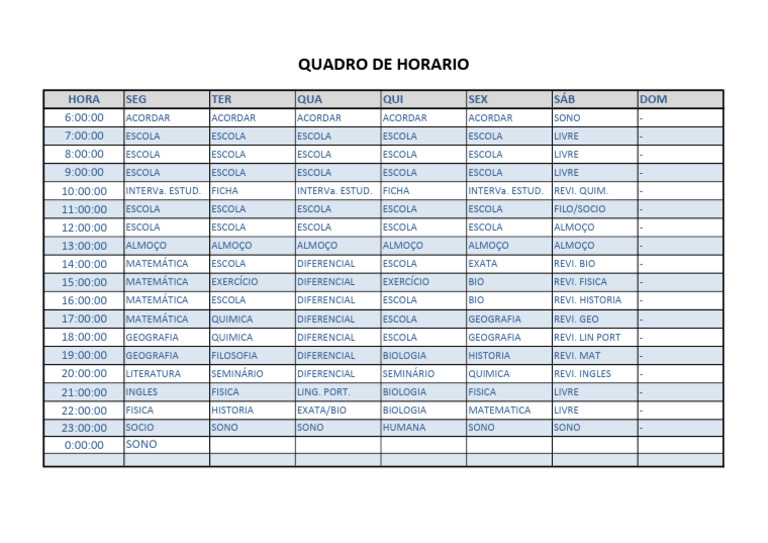 Quadro de Horário Semanal Escolar | PDF