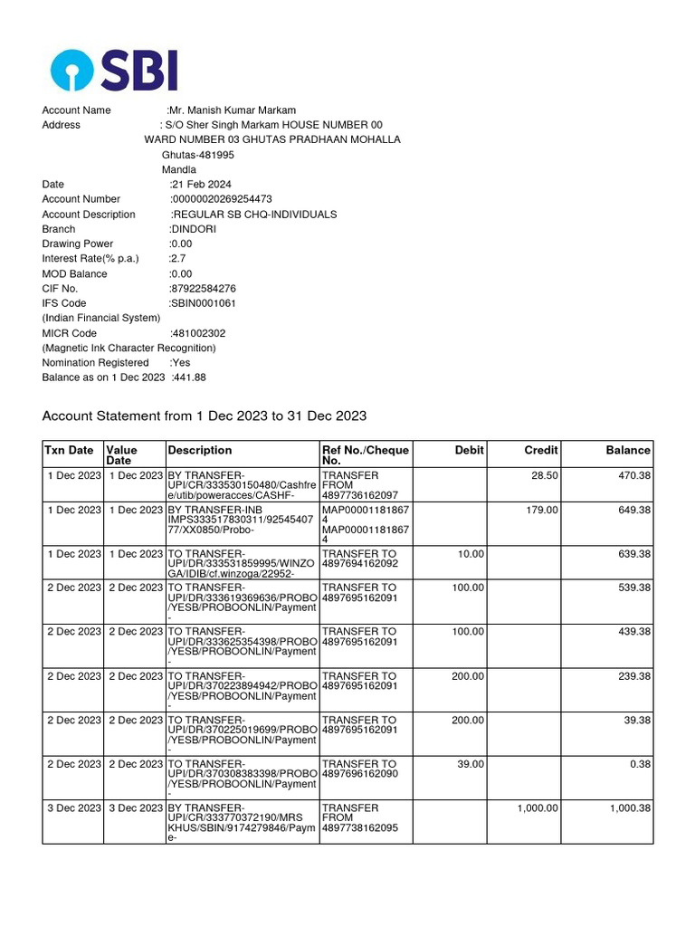 Account Statement for Mr. Markam | PDF | Payments | Debits And Credits