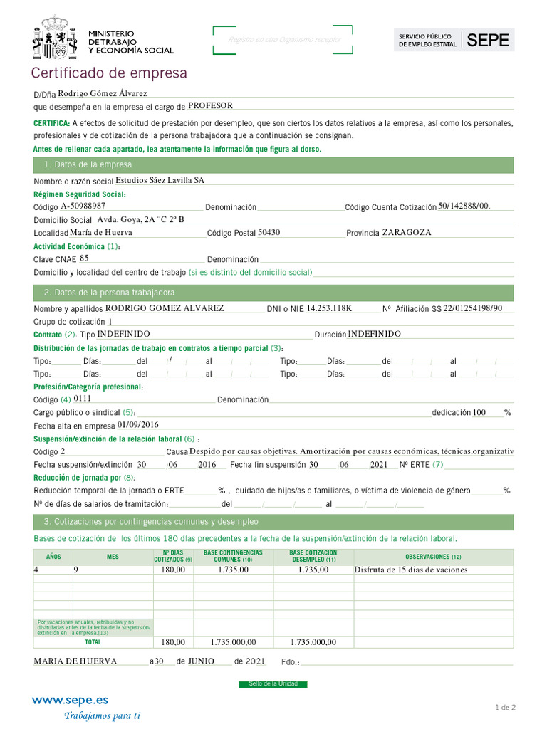 Certificado Empresa SEPE | PDF | Dejar | Salario