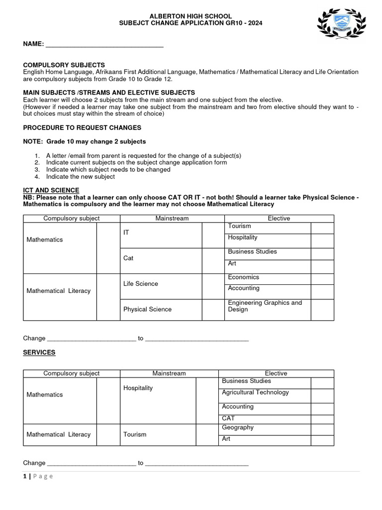 Subject Change Form - Grade 10 in 2023 For Grade 11 in 2024 | PDF ...