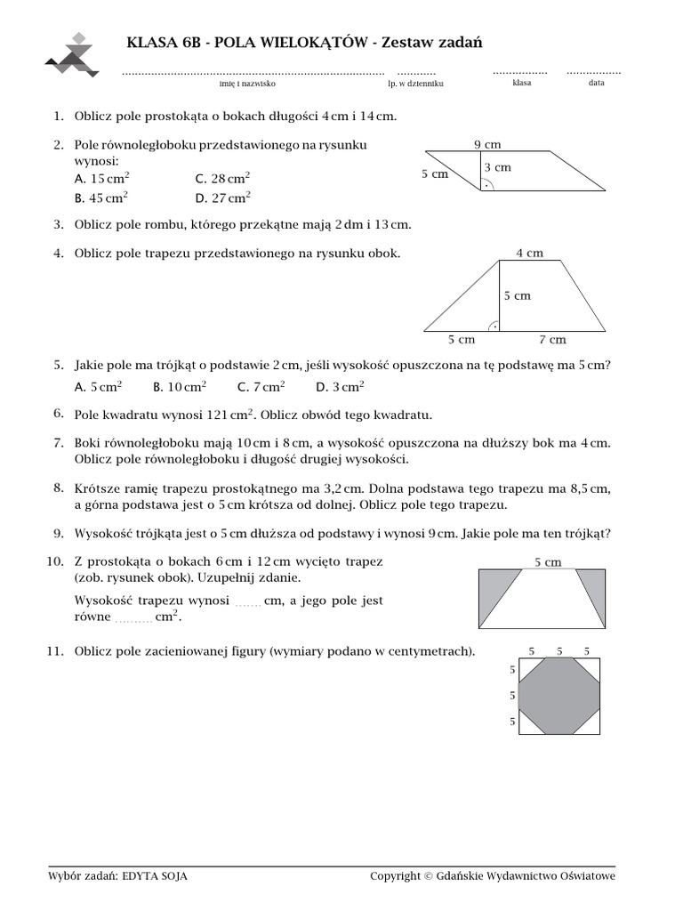 Klasa 6b Pola Wielokatow Zestaw Zadan 1587576073 | PDF