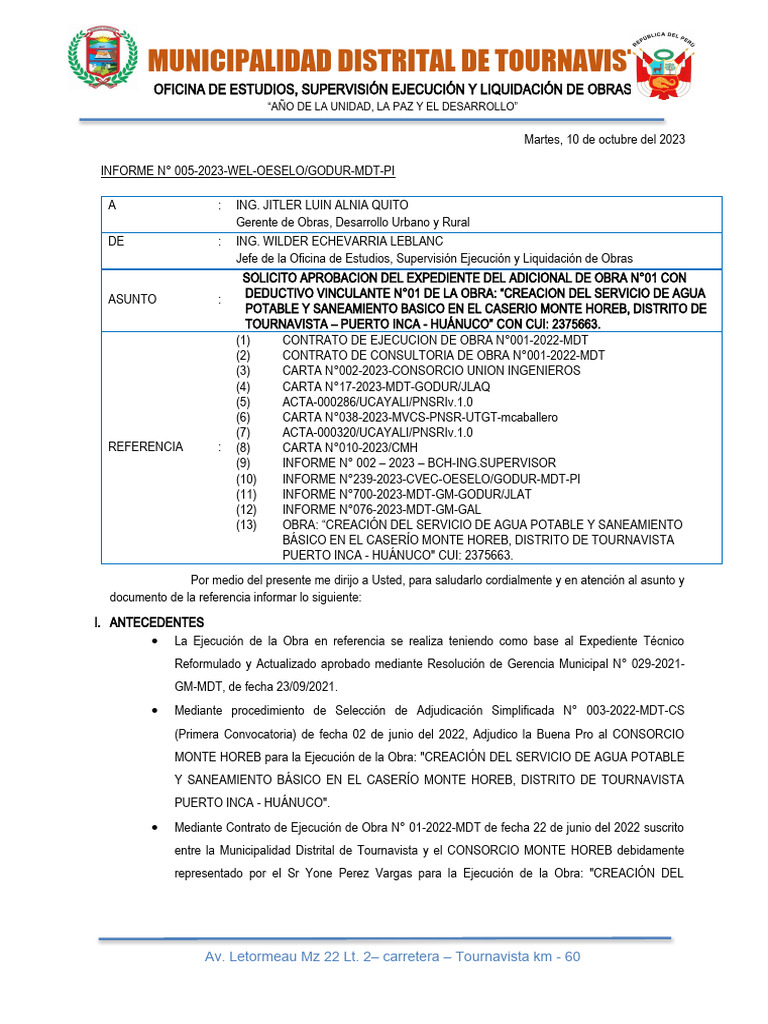 Informe #005-2023-Wel-Oeselo-Godur-Mdt-Pi Aprobacion Del Adicional Deductivo N°01 | PDF ...
