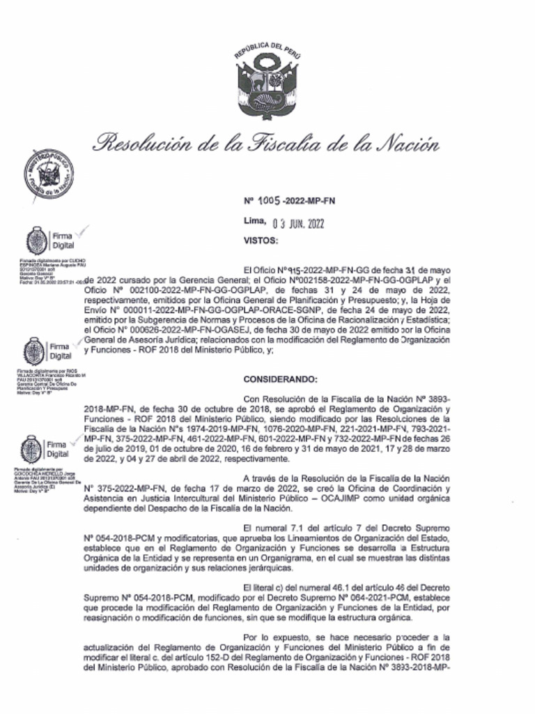 RFN 1005-2022-MP-FN Modificatoria ROF 2018 | PDF