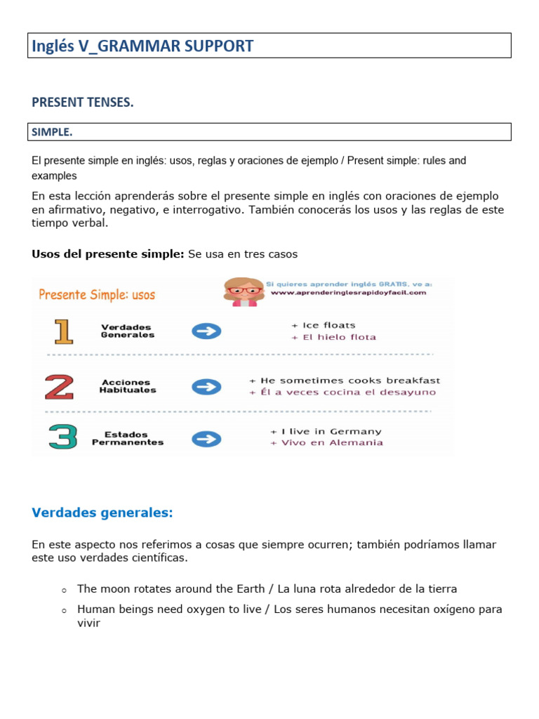 Spanish Grammar Support - Present Tenses | PDF | Verbo | Semántica