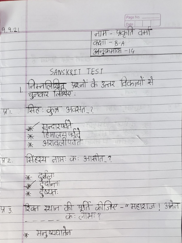 14 - Prakriti Verma - 8A - SANSKRIT TEST | PDF