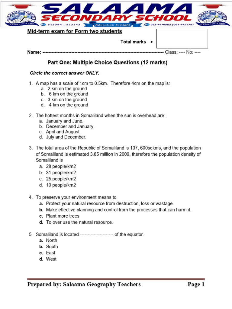 Somaliland Geography Mid-Term Exam | PDF | Map | Natural Environment