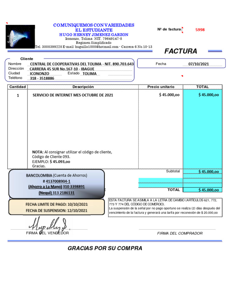 Factura Internet Central de Cooperativas Del Tolima | PDF