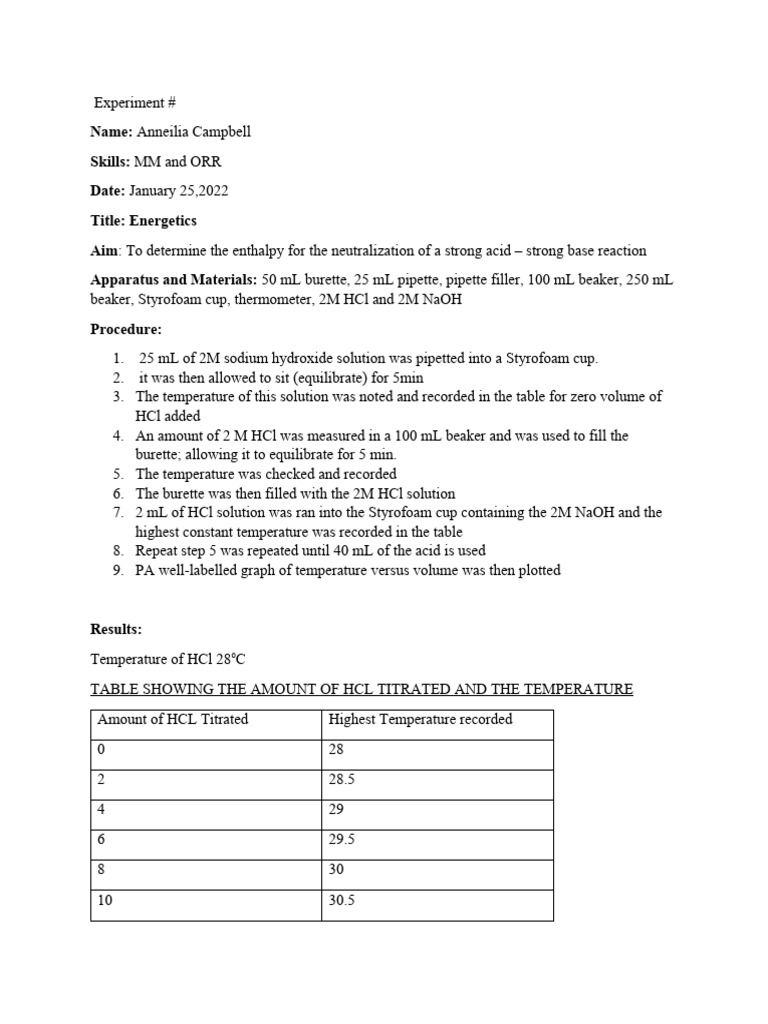 Energetics - Enthalpy of Neutralization Lab | PDF | Enthalpy | Physical ...