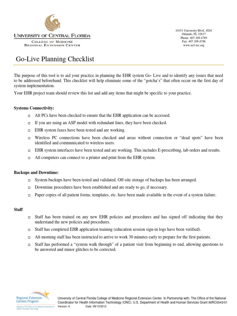 EHR Go-Live Planning Checklist | PDF | Electronic Health Record | Backup
