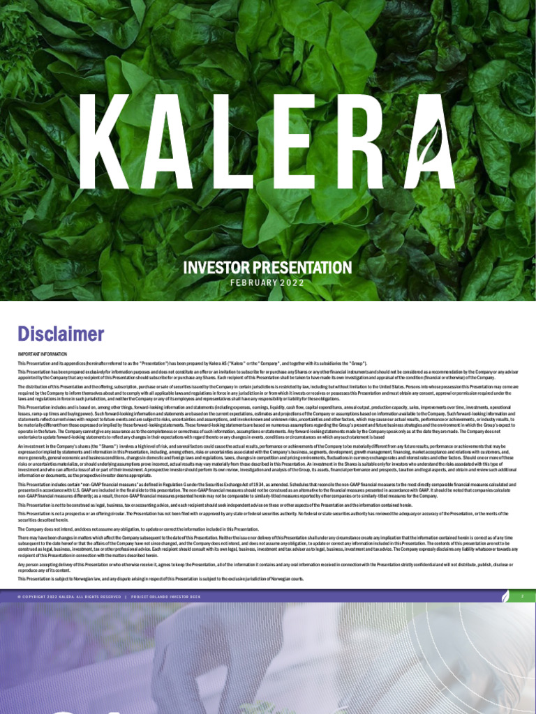 Kalera and Agrico Investor Presentation Final | PDF | Risk | Stocks