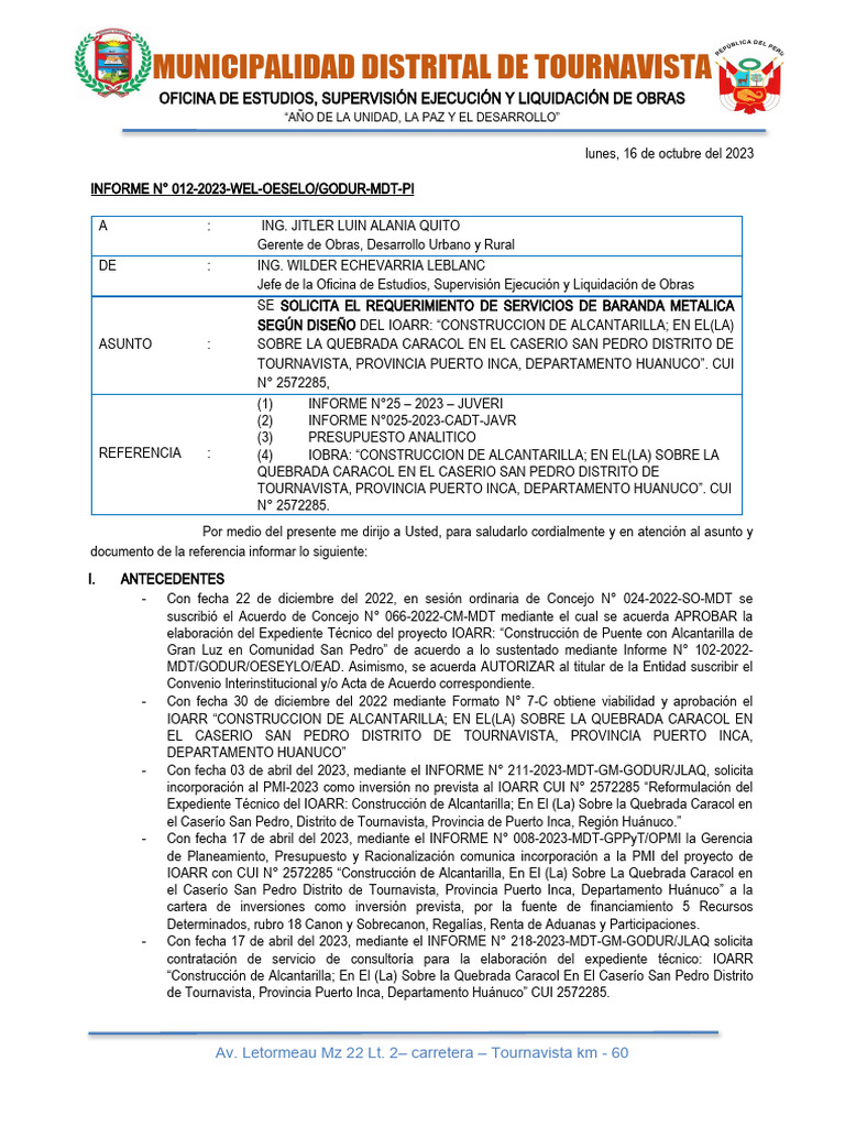 Informe #012-2023-Wel-Oeselo-Godur-Mdt-Pi Se Solicita El Requerimiento de Servicios de Baranda ...