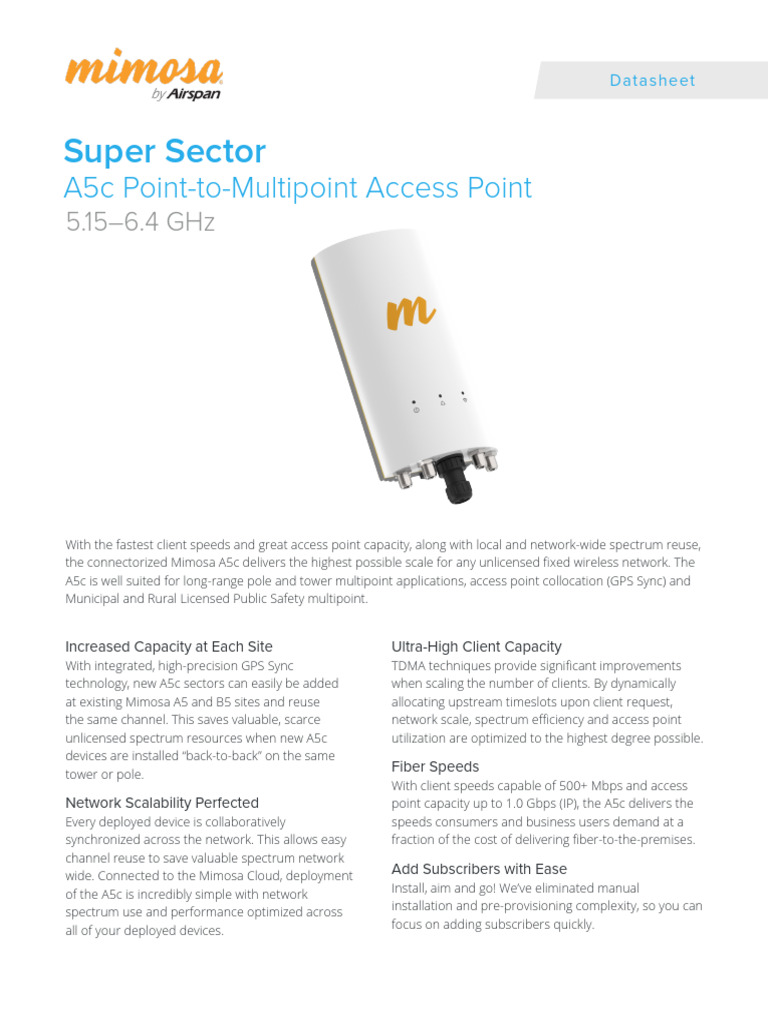 Mimosa by Airspan A5c Datasheet - DS 0003 22 | PDF | Wi Fi | Computer ...