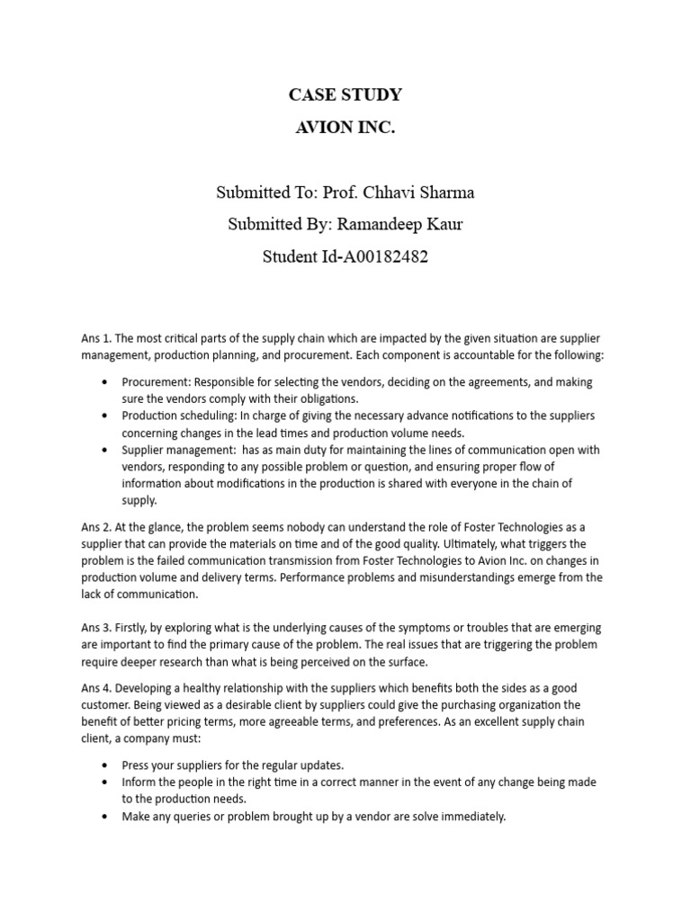 Avion Inc. Case Study | PDF | Supply Chain | Procurement