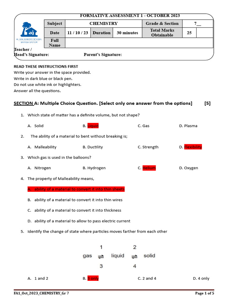 Gr7 CHEMISTRY FA1 ANSWER KEY | PDF | Evaporation | Boiling