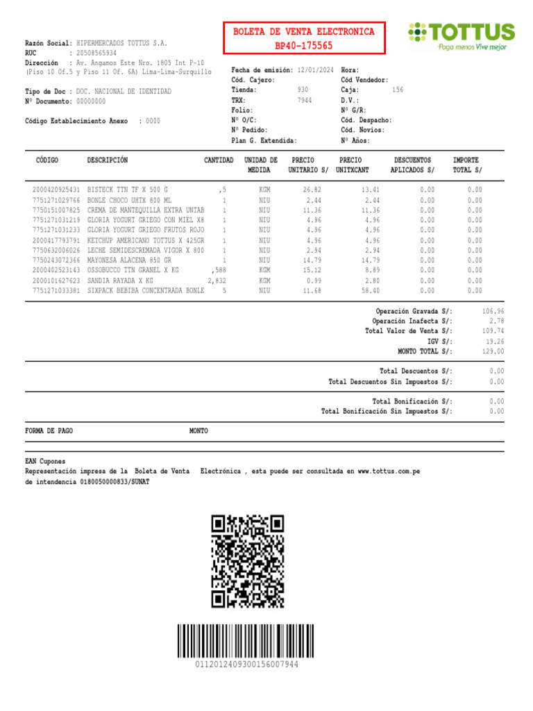 Boleta de Venta Tottus 175565 | PDF