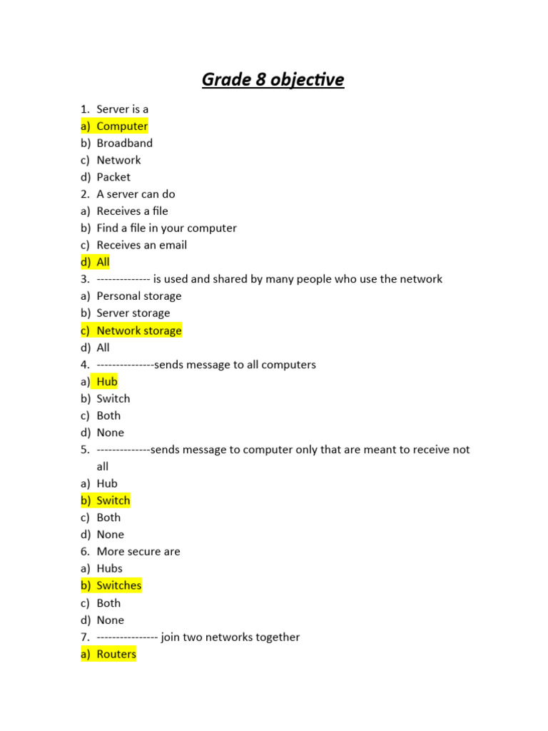 Grade 8 Objective Computer | PDF | Computer Network | Network Switch