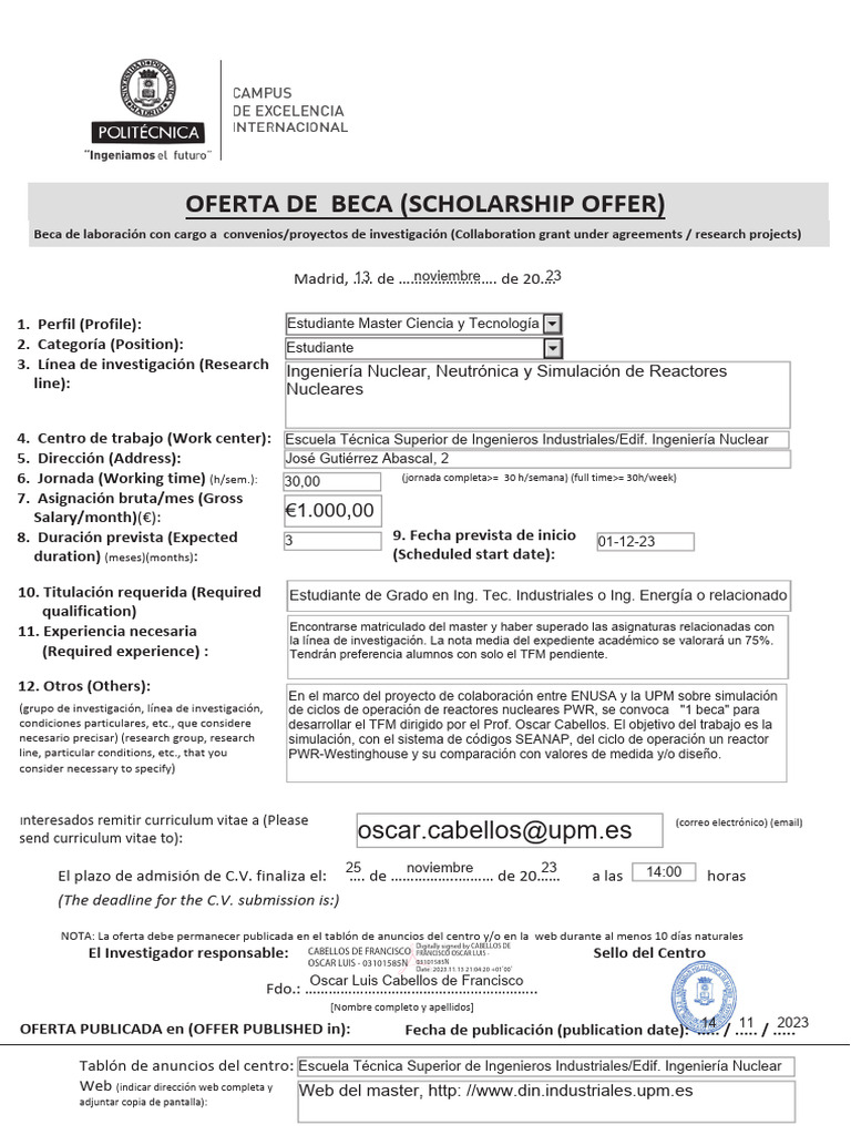 Oferta de Beca ENUSA Signed PDF | PDF | La energía nuclear | Ingeniería