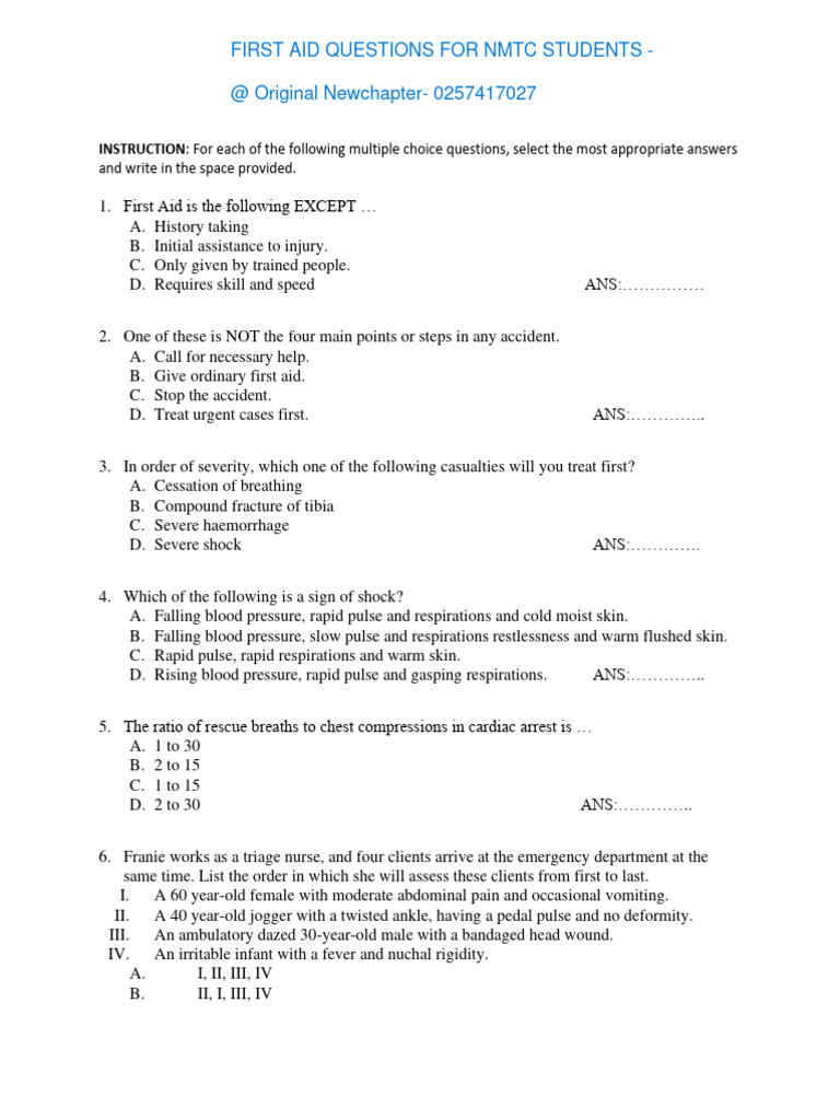 FIRST AID QUESTIONS at Original Newchapter | PDF | Emergency Department ...