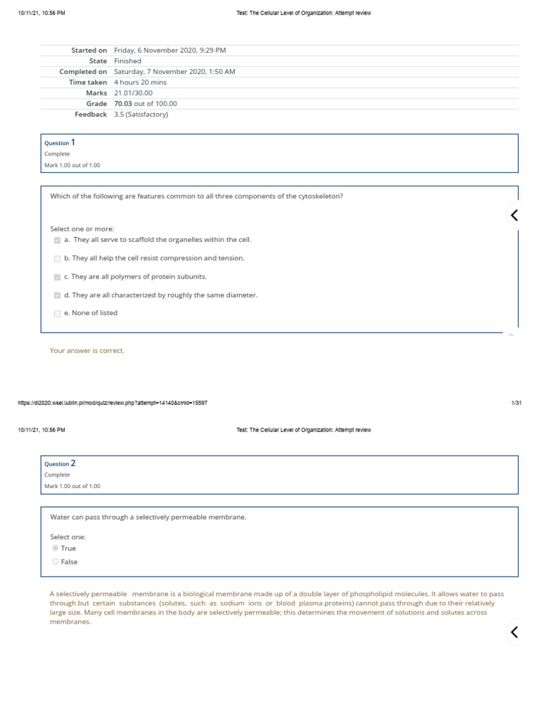 Test - The Cellular Level of Organization - Pysiology 2nd | PDF ...