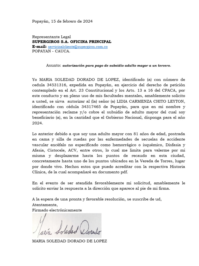 Petición Autorizacion para Cobro Subsidio Supergiros PDF | PDF