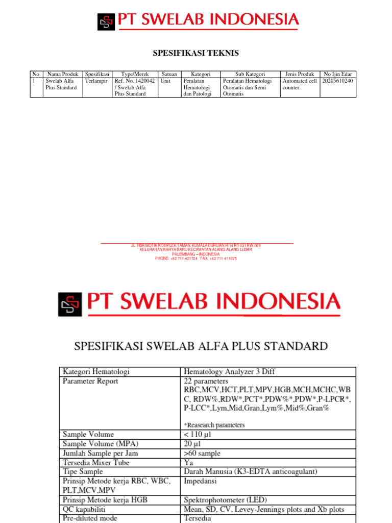 Spesifikasi Teknis Swelab Alfa Plus Standard | PDF