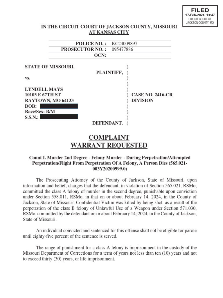 Lyndell Mays Chiefs Rally Shooting Charging Documents | PDF | Felony ...
