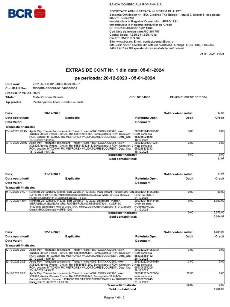 Pe Perioada: 20-12-2023 - 05-01-2024 EXTRAS DE CONT Nr. 1 Din Data: 05 ...