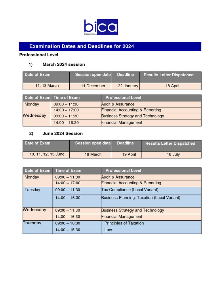 Examination Dates and Deadlines 2024 | PDF | Accounting | Audit