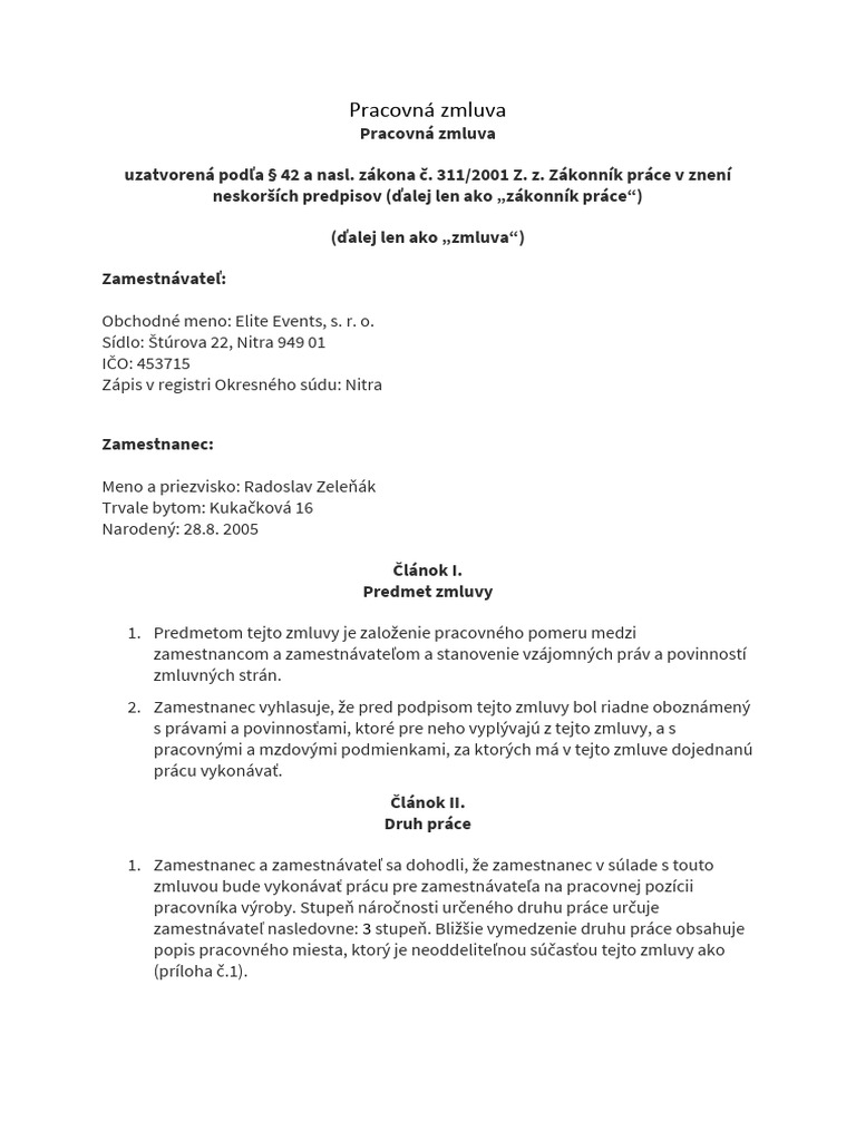 Pracovná Zmluva | PDF